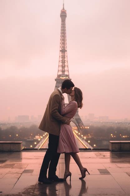 Eiffel Tower Kiss By Couple In Paris Premium Ai Generated Image
