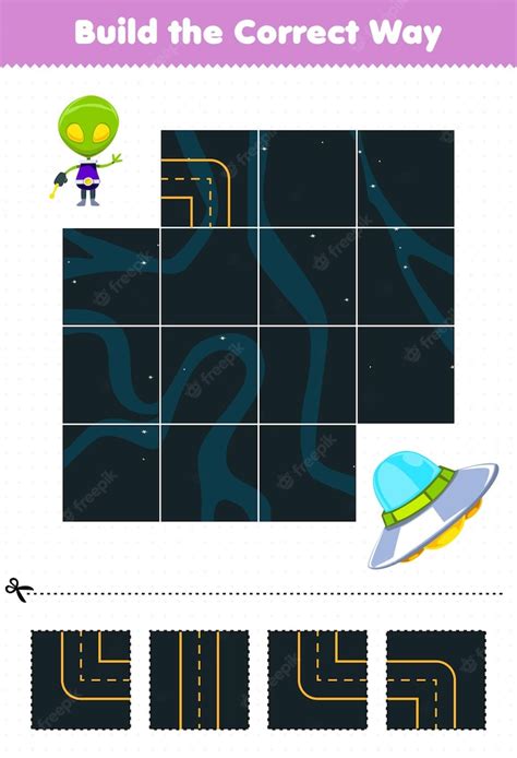 어린이를 위한 교육 게임은 귀여운 만화 태양계 외계인이 Ufo로 이동하는 데 도움이 되는 올바른 방법을 구축합니다 프리미엄 벡터