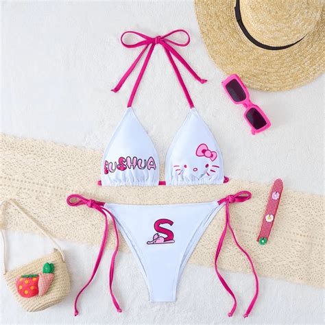 2pcs Hello Kitty Bikinis Set Kawaii Sanrio Kuromi Swimsuit Sexy Bikini