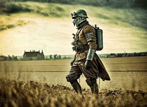 Retrofuturistic Cyborg Wwi Soldier On The Battlefield Generative Ai