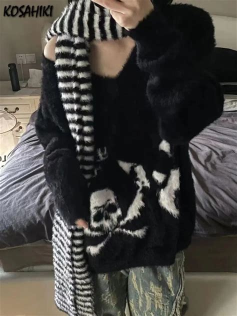 여성용 루즈 모헤어 두꺼운 스웨터 Y2k 미적 니트 펑크 빈티지 풀오버 하라주쿠 해골 프린트 그런지 풀 팜므 위시버킷