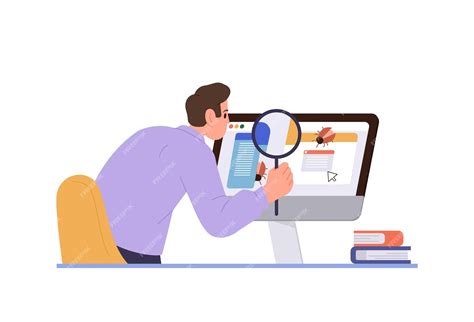 전문 남성 엔지니어 품질 보증 프로그래머 만화 캐릭터 컴퓨터 소프트웨어 디버깅 고정 및 잡기 Pc 프로그램 바이러스 벡터