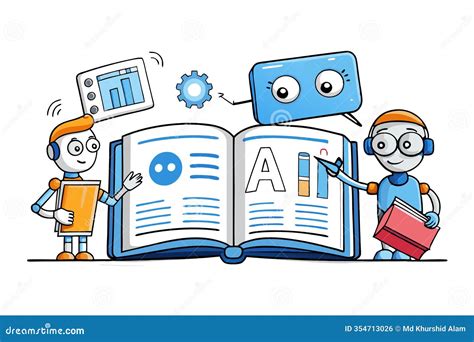 creative educational illustration featuring an open textbook robots