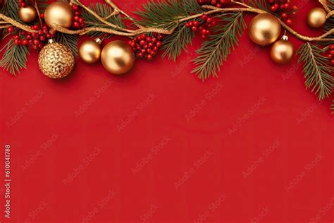 Christmas Banner With Red And Gold Balls On Red Background Copy Space