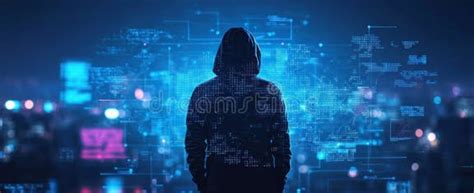 mysterious hacker standing in dark with digital code and binary numbers on blue background stock