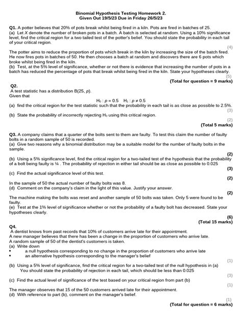 Binomial Hypothesis Testing Hw 2 Pdf