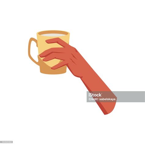 손은 우유 또는 카푸치노가 든 머그잔을 들고 흰색 배경에 격리된 평면 벡터 삽화를 들고 있습니다 건강한 생활방식에 대한 스톡