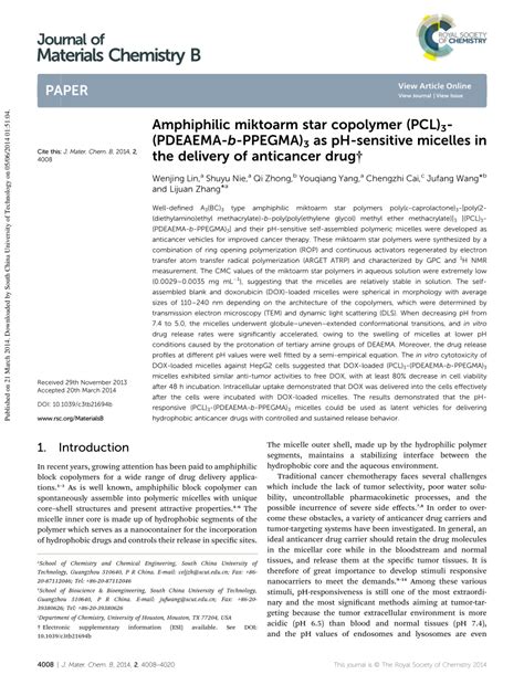 Pdf Amphiphilic Miktoarm Star Copolymer Pcl3 Pdeaema B Ppegma3 As Ph Sensitive Micelles In