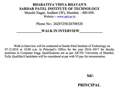 Walk In Interview Sardar Patel Institute Of Technology Sardar Patel