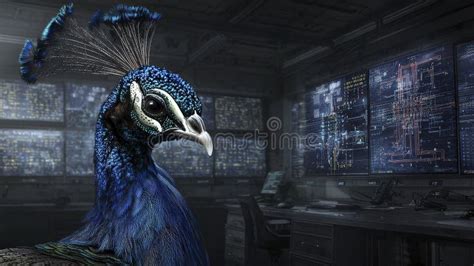 Peacock Engineer Innovates Futuristic Technology In Modern Workspace