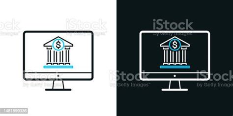은행이 있는 데스크톱 컴퓨터 검정 또는 흰색 배경에 바이 컬러 라인 아이콘 편집 가능한 획 개념에 대한 스톡 벡터 아트 및 기타
