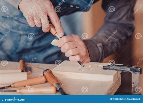Carpenter Use A Chisel To Shapes A Wooden Plank Stock Image Image Of Furniture