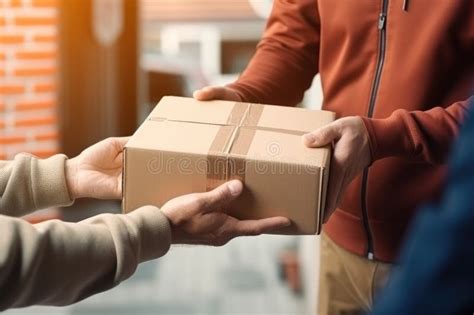 Postman Delivery Concept Delivery Man Hands Giving Cardboard Package