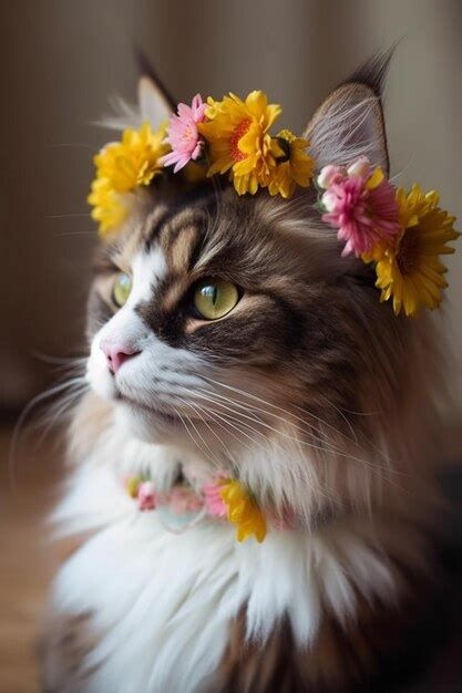 There Is A Cat With A Flower Crown On Its Head Generative Ai Premium