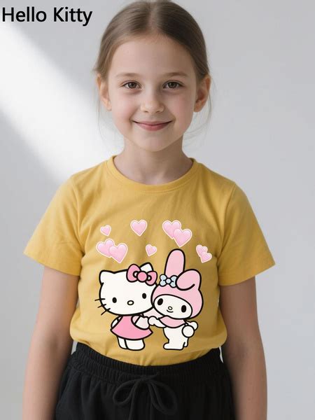Футболка Девочки Hello Kitty желтый Короткий размер 110 Хлопок Повседневный Китай купить C