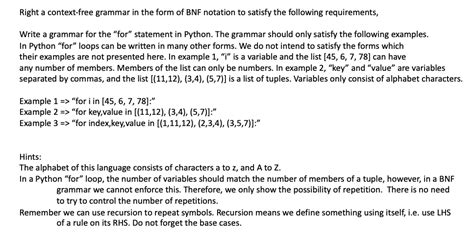 Right A Context Free Grammar In The Form Of BNF Chegg