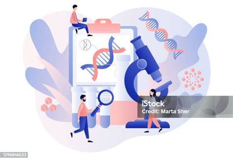 생명 공학 개념 과학 실험실 연구 유전자 검사 화학 Gmo 생명 공학 및 유기체 작은 사람들은 Dna 사용 현미경을 연구합니다 현대 플랫 만화 스타일 벡터 일러스트레이션