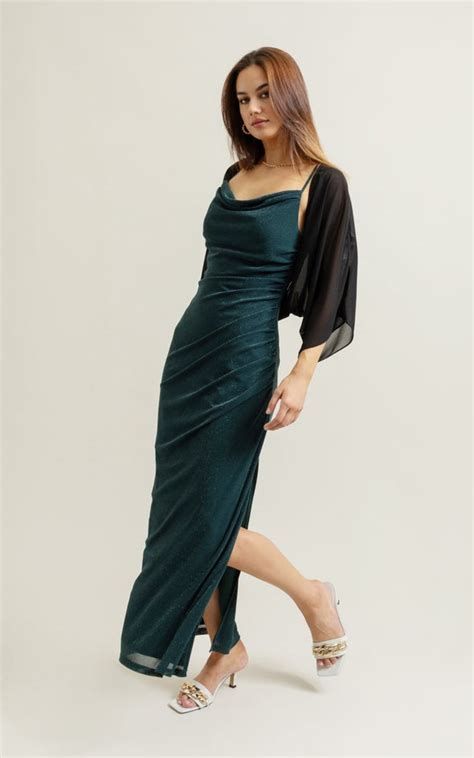 Glitter Mesh Cowl Neck Gown Pagani