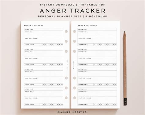 Personal Size Anger Triggers Tracker Journal Printable Planner