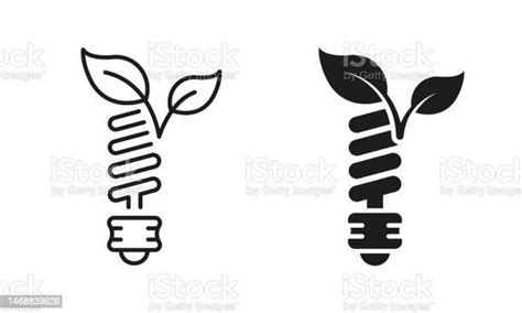 나선형 전구 라인과 실루엣 아이콘 세트 에코 전력 전구 잎 픽토그램 흰색 배경에 생태 전기 에너지 기호 컬렉션입니다 고립된 벡터
