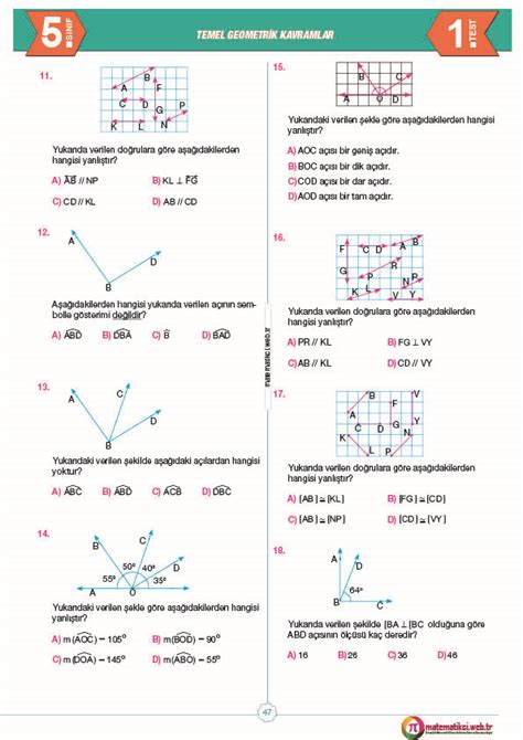 5 Sınıf Temel Geometrik Kavramlar ve Çizimler Testi 1 İndir