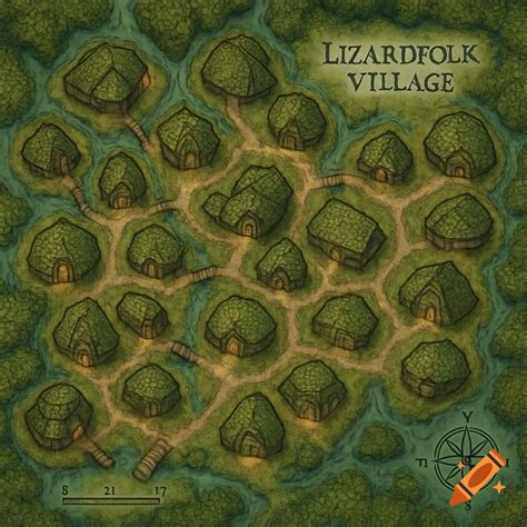 Top Down Fantasy Map Of A Lizardfolk Village In A Swamp Featuring