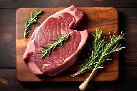 Raw Sirloin Beef Meat Steak On A Wooden Cutting Board With Herbs