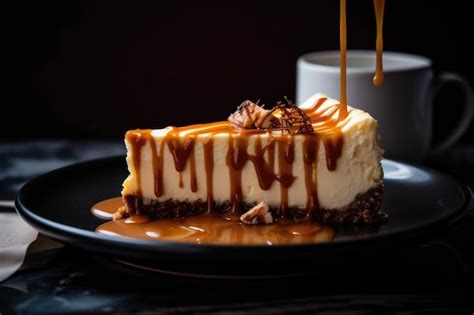 Premium Photo Slice Of Cheesecake With Drizzle Of Warm Caramel Sauce Created With Generative Ai