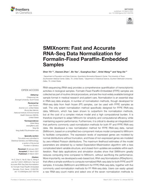 Pdf Smixnorm Fast And Accurate Rna Seq Data Normalization For Formalin Fixed Paraffin