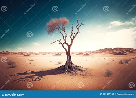 Lonely Dead Tree Covered With Layer Of Sand And Dried Bushes Around In