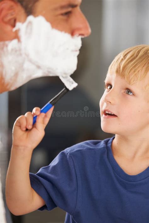 Father And His Son Shave In Bathroom Putting Foam On Each Other Stock Image Image Of Shaving