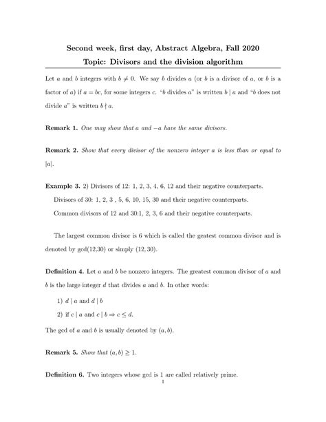 Note4 Divisors And The Division Algorithm Second Week First Day
