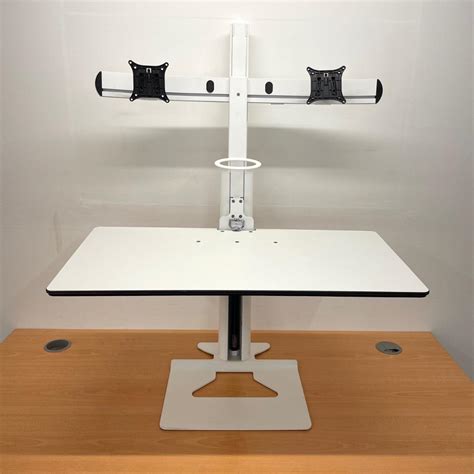 White Desk Riser With Twin Monitor Arms U OA WH 04 ORS UK