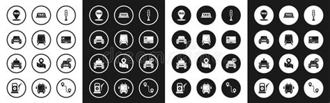 set traffic light tram and railway car map pointer with taxi laptop