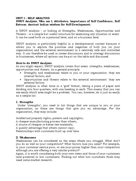 Ss Unit 1 Study Material Pdf Self Esteem Swot Analysis