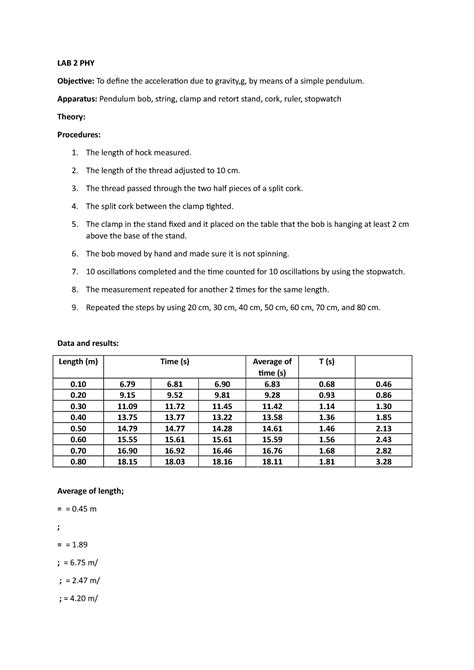 Lab 2 Phy Simple Pendulum Lab 2 Phy Objective To Define The Acceleration Due To Gravity G By