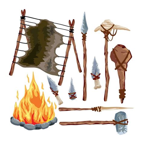 Prehistoric Weapons Set Of Caveman Tools Primitive Spear And Stone