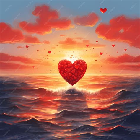 Símbolo De Corazón En El Mar Al Atardecer Tarjeta Romántica Imagen