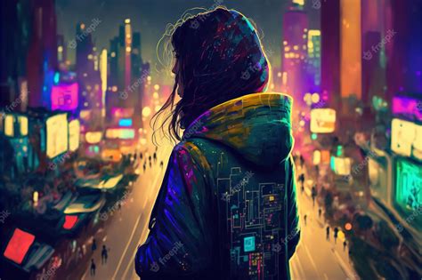 Chica Cyberpunk Personaje Femenino De Cyberpunk Mirando La Ciudad De