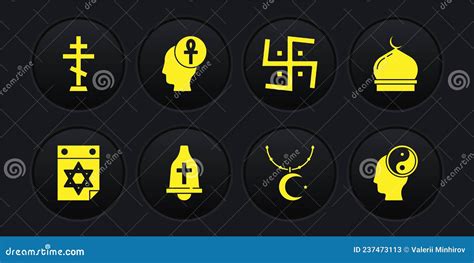 Set Jewish Calendar Muslim Mosque Church Bell Star And Crescent On