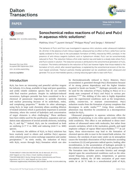 Pdf Sonochemical Redox Reactions Of Puiii And Puiv In Aqueous