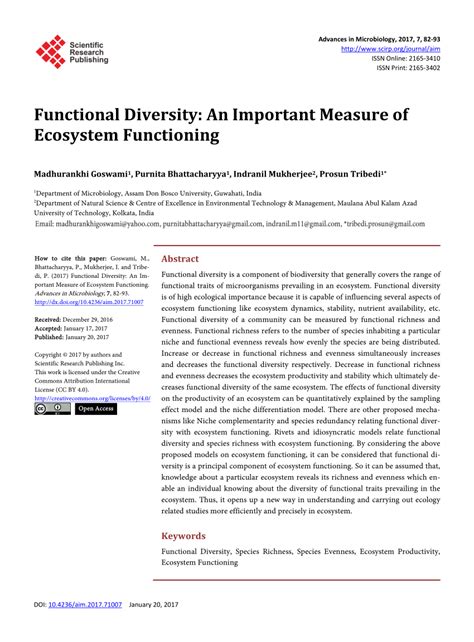 Pdf Functional Diversity An Important Measure Of Ecosystem Functioning