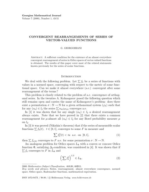 Pdf Convergent Rearrangements Of Series Of Vector Valued Functions