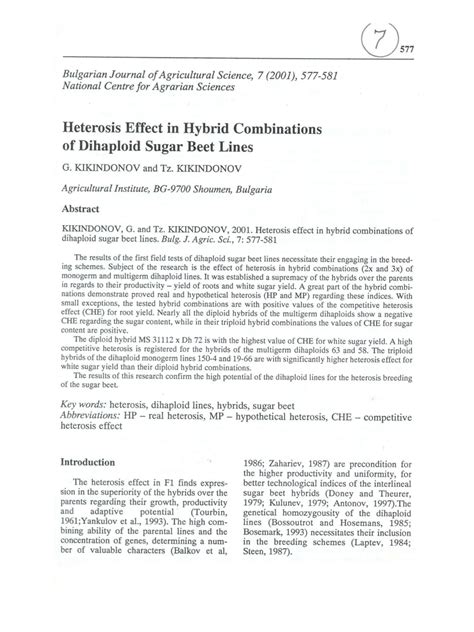 Pdf Heterosis Effect In Hybrid Combinations Of Dihaploid Sugar Beet Lines