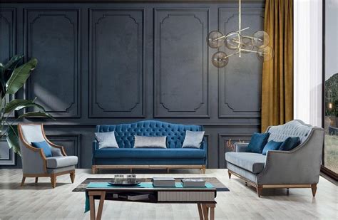 Jvmoebel Wohnzimmer Set Moderne Blaue Chesterfield Sofagarnitur