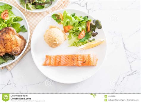 Grilled Salmon Steak With Mash Potato And Vegetable Stock Image Image