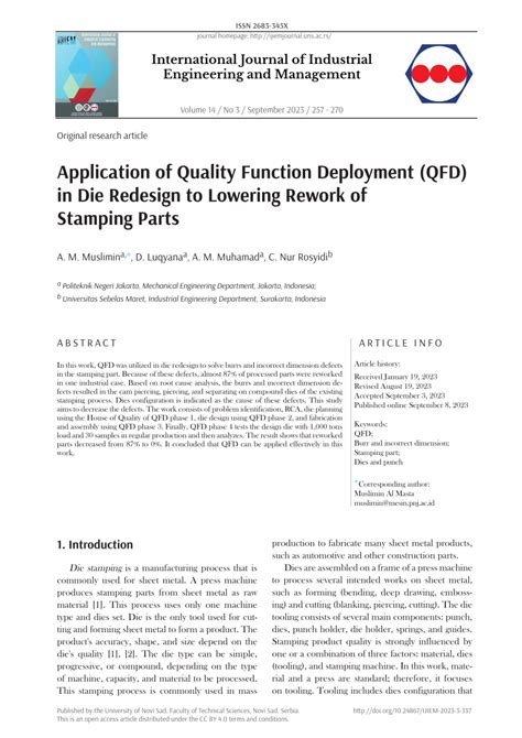 Pdf Application Of Quality Function Deployment Qfd In Die Redesign