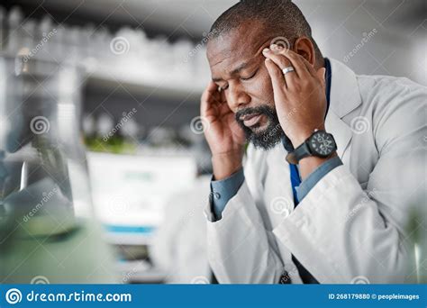 Headache Stress And Black Man With Burnout From Science Lab Work And