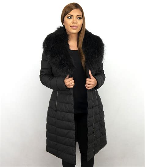 Lange Winterjas Dames Parka Met Zwarte Bontkraag Nieuw Style Italy