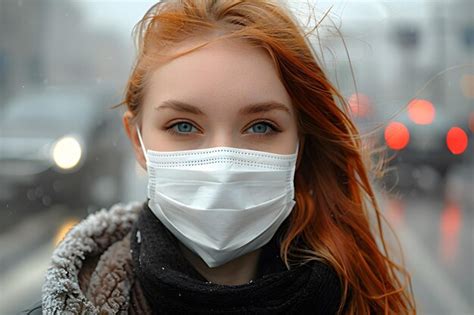 Portrait Of A Redhead Woman Wearing A Mask In An Urban Setting